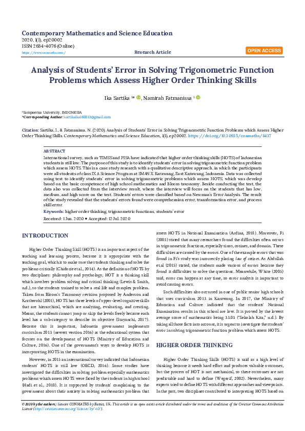(PDF) Analysis of Students’ Error in Solving Trigonometric Function ...