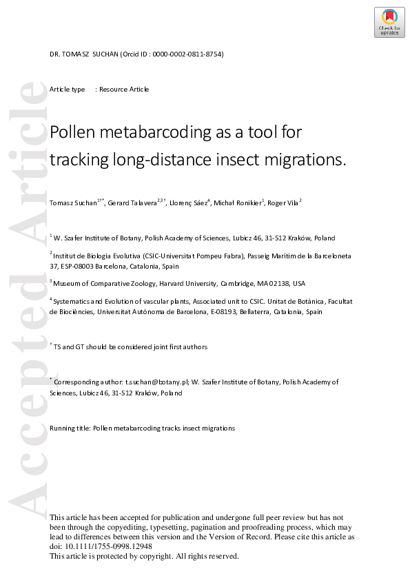 (PDF) Pollen metabarcoding as a tool for tracking long‐distance insect migrations