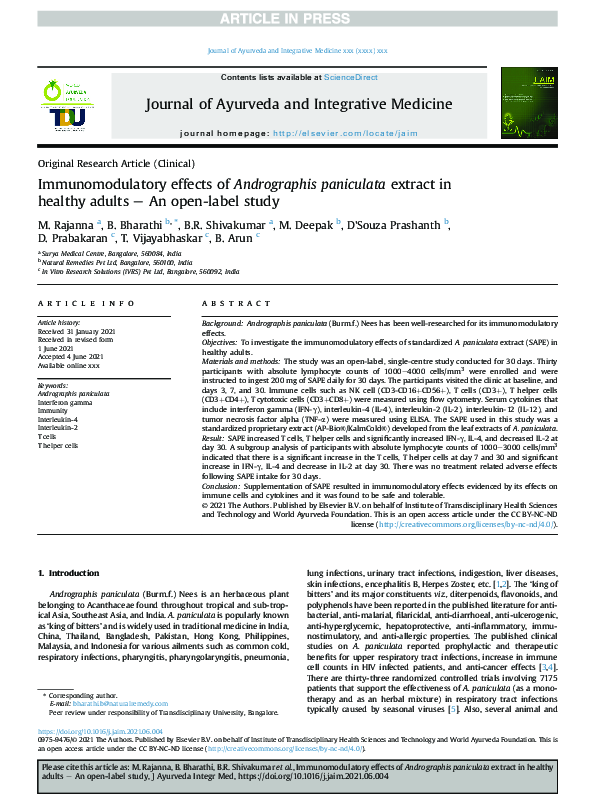 (PDF) Immunomodulatory effects of Andrographis paniculata extract in healthy adults – An open ...