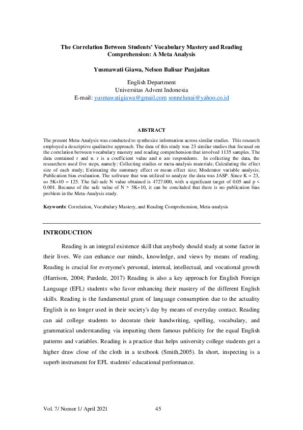 (PDF) The Correlation Between Students' Vocabulary Mastery and Reading Comprehension: A Meta ...
