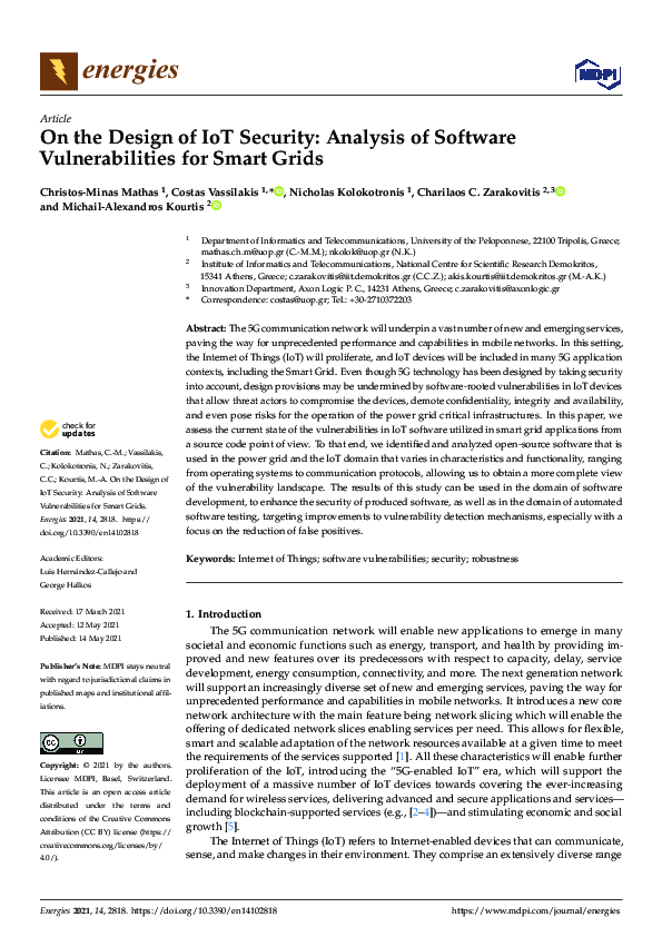 (PDF) On the Design of IoT Security: Analysis of Software Vulnerabilities for Smart Grids
