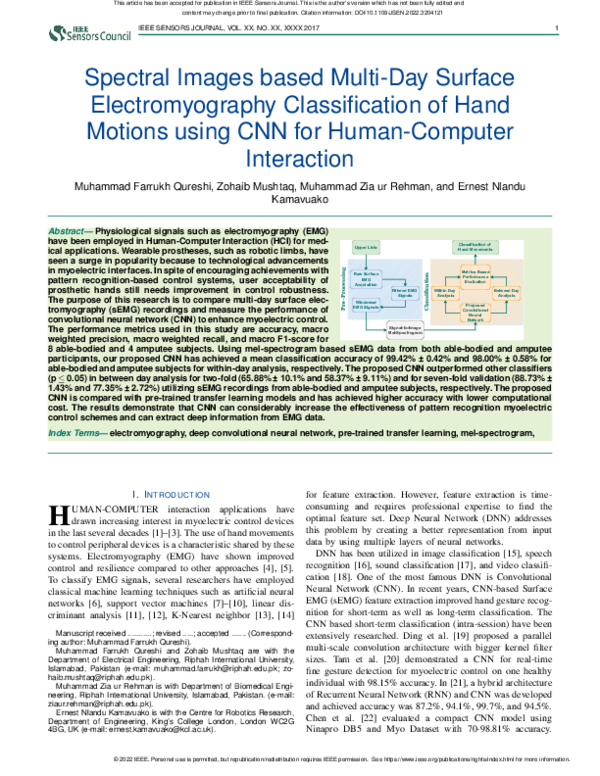 Pdf Spectral Images Based Multi Day Surface Electromyography Classification Of Hand Motions