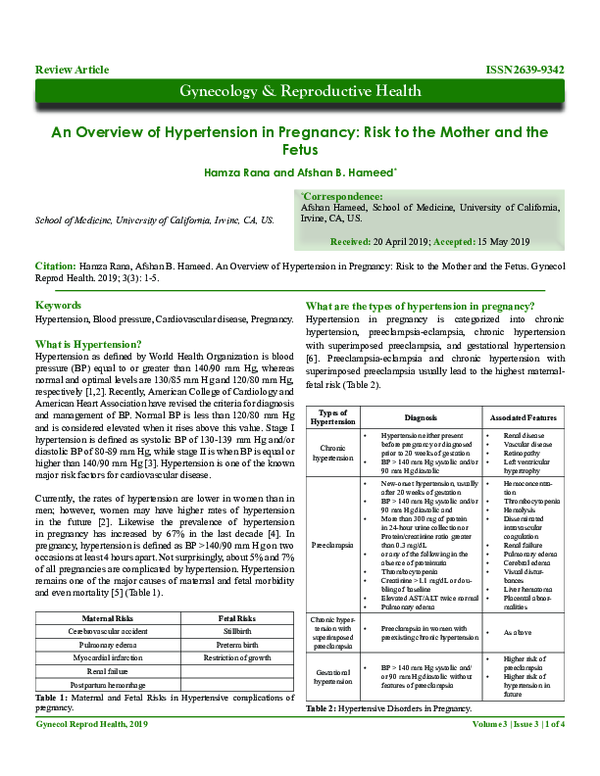 (PDF) An Overview of Hypertension in Pregnancy: Risk to the Mother and ...