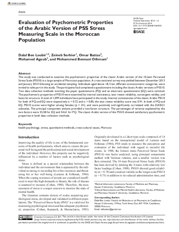 (PDF) Evaluation of Psychometric Properties of the Arabic Version of PSS Stress Measuring Scale ...