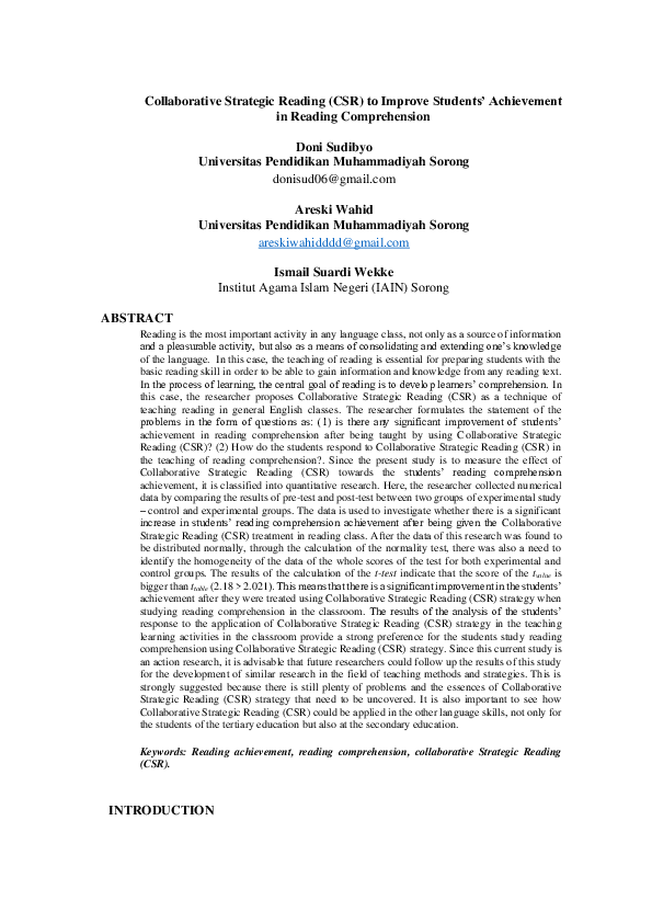 (PDF) Collaborative Strategic Reading (CSR) to Improve Students ...