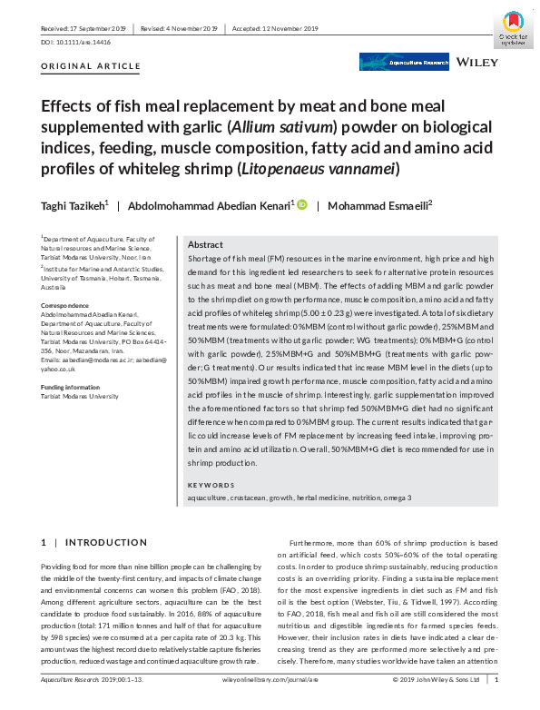 (PDF) Effects of fish meal replacement by meat and bone meal ...