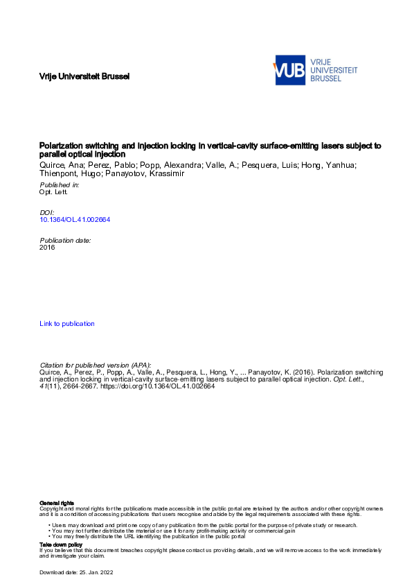 Pdf Polarization Switching And Injection Locking In Vertical Cavity Surface Emitting Lasers