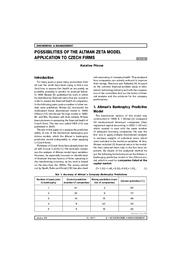 (PDF) Altman Zeta Model Assessment for Czech Firms