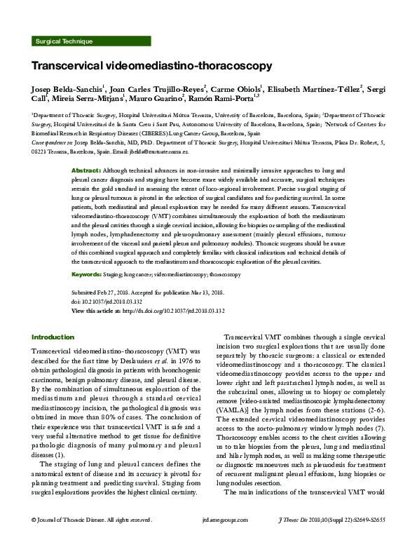 (PDF) Transcervical videomediastino-thoracoscopy | Mireia Serra Mitjans ...