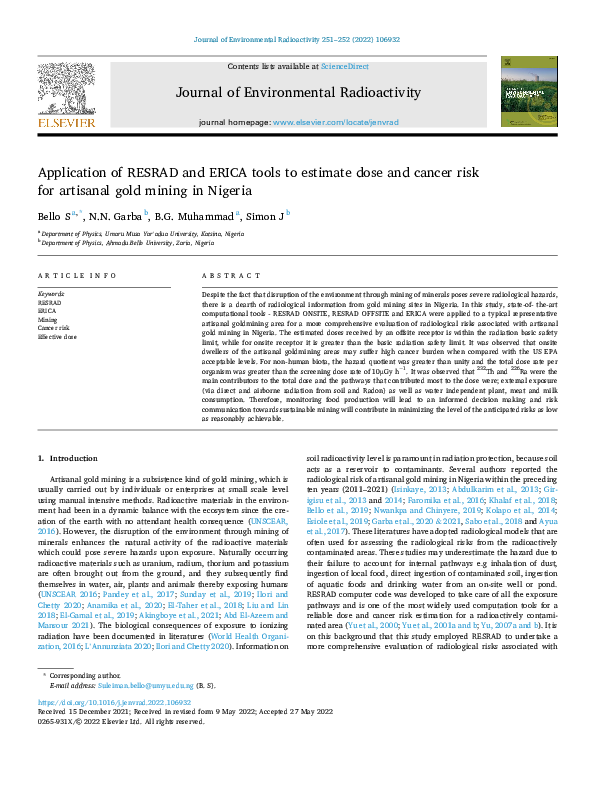 (PDF) Application of RESRAD and ERICA tools to estimate dose and cancer ...