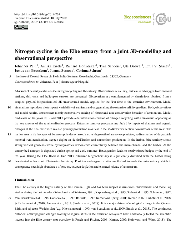 (PDF) Nitrogen cycling in the Elbe estuary from a joint 3D-modelling ...