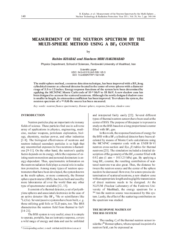 (PDF) Measurement of the neutron spectrum by the multi-sphere method ...