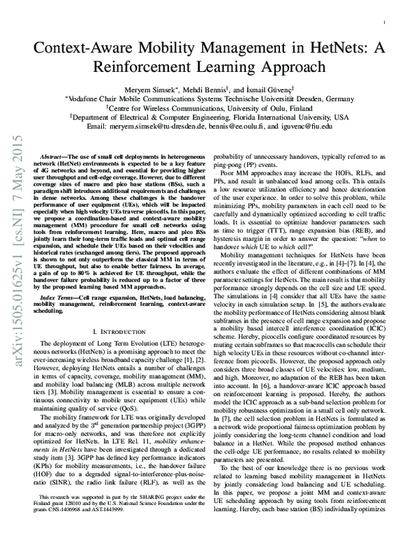 (PDF) Context-aware mobility management in HetNets: A reinforcement learning approach
