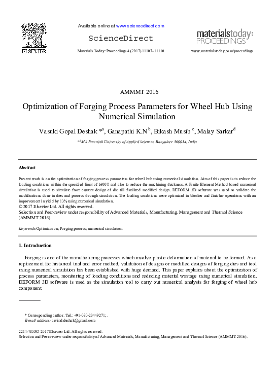 Pdf Optimization Of Forging Process Parameters For Wheel Hub Using Numerical Simulation