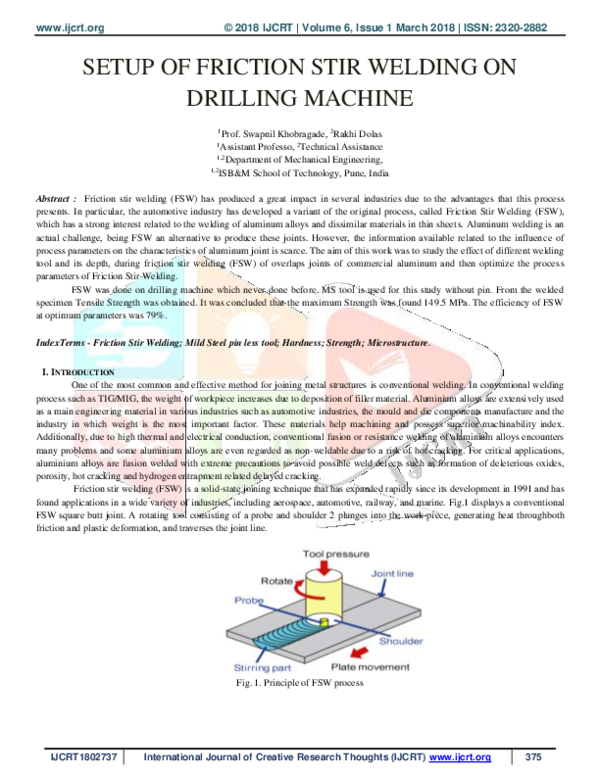 (PDF) Setup of Friction Stir Welding on Drilling Machine
