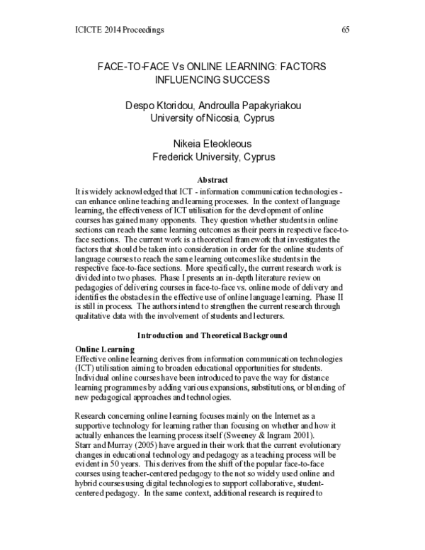 (PDF) Face-To-Face Vs Online Learning: Factors Influencing the Success