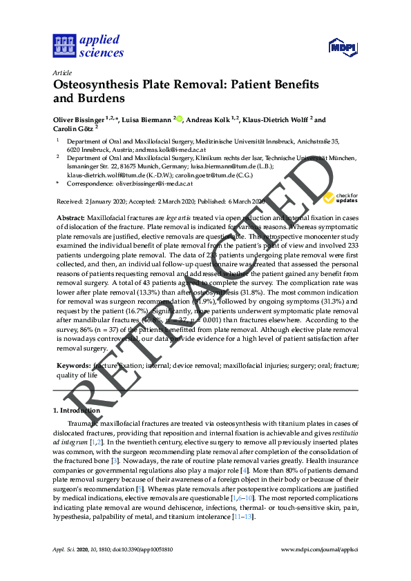 (PDF) Osteosynthesis Plate Removal: Patient Benefits and Burdens