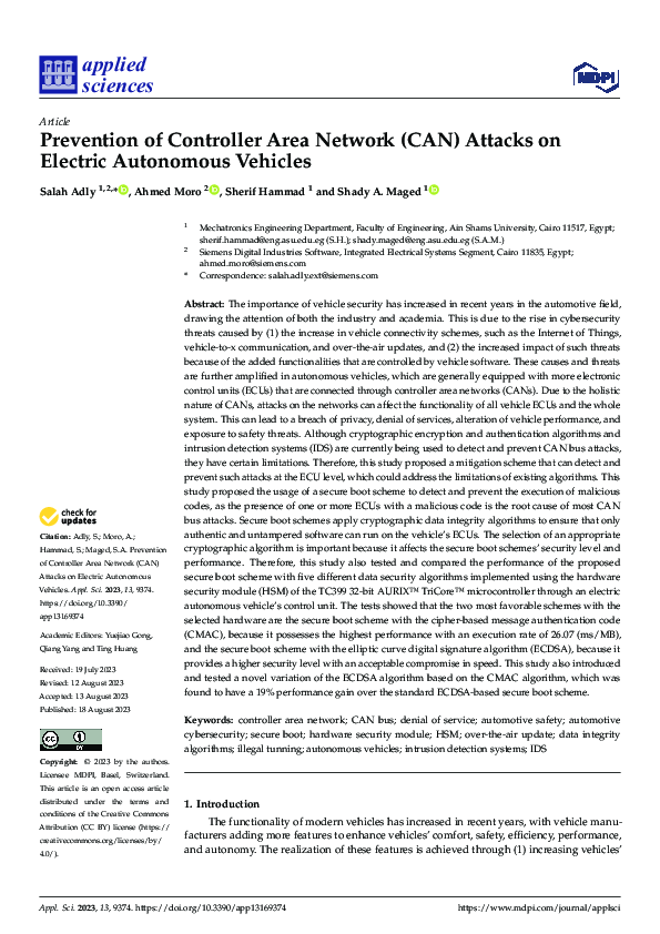 (PDF) Prevention of Controller Area Network (CAN) Attacks on Electric ...