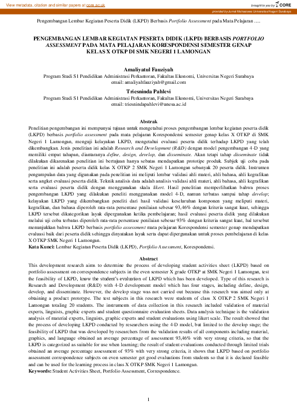 (PDF) Pengembangan Lembar Kegiatan Peserta Didik (LKPD) Berbasis Portfolio Assessment Pada Mata ...