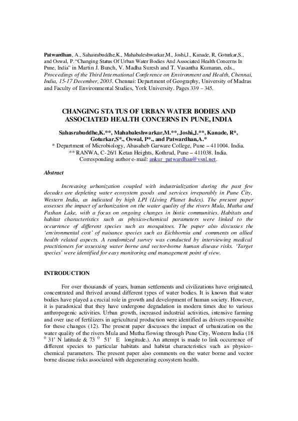 (PDF) Changing Status Of Urban Water Bodies And Associated Health ...
