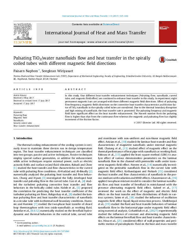 (PDF) Pulsating TiO2/water nanofluids flow and heat transfer in the spirally coiled tubes with ...