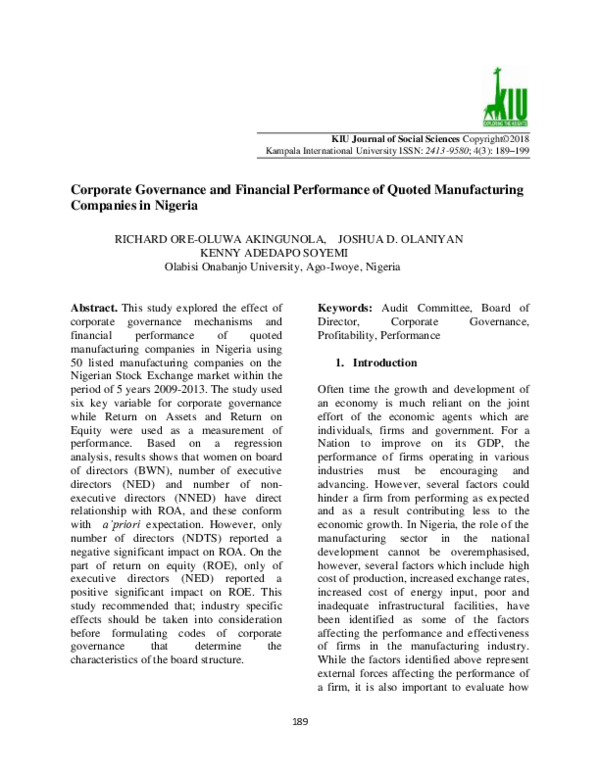 (PDF) Corporate Governance and Financial Performance of Quoted Manufacturing Companies in Nigeria