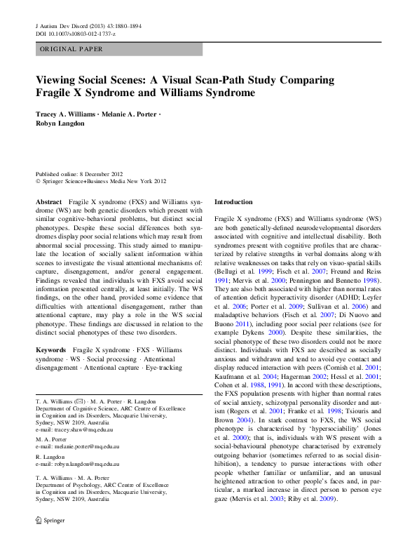 (PDF) Viewing Social Scenes: A Visual Scan-Path Study Comparing Fragile X Syndrome and Williams ...