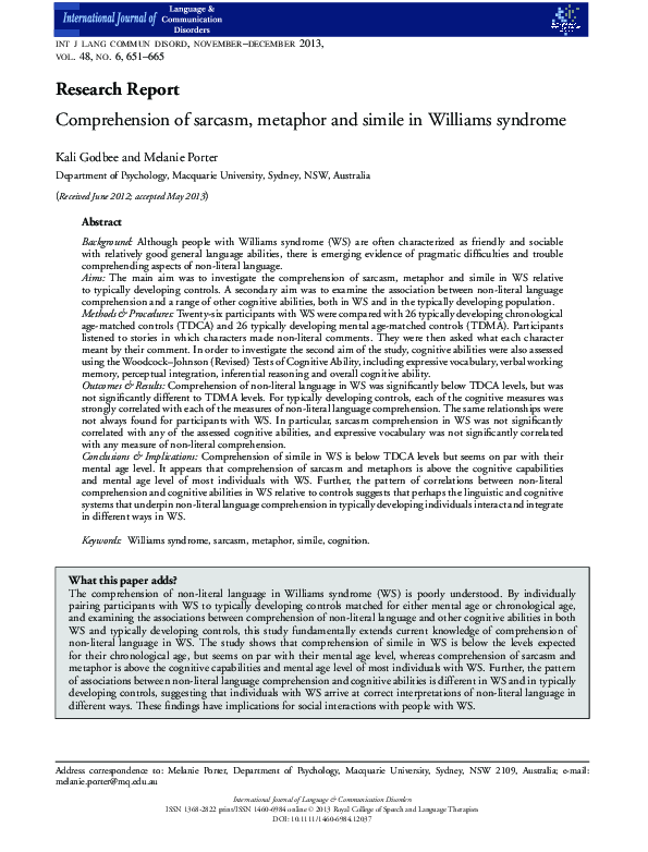 (PDF) Comprehension of sarcasm, metaphor and simile in Williams syndrome