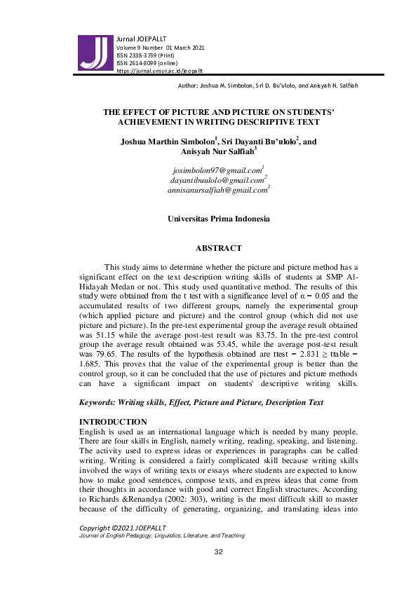 (PDF) The Effect of Picture and Picture on Students' Achievement in Writing Descriptive Text