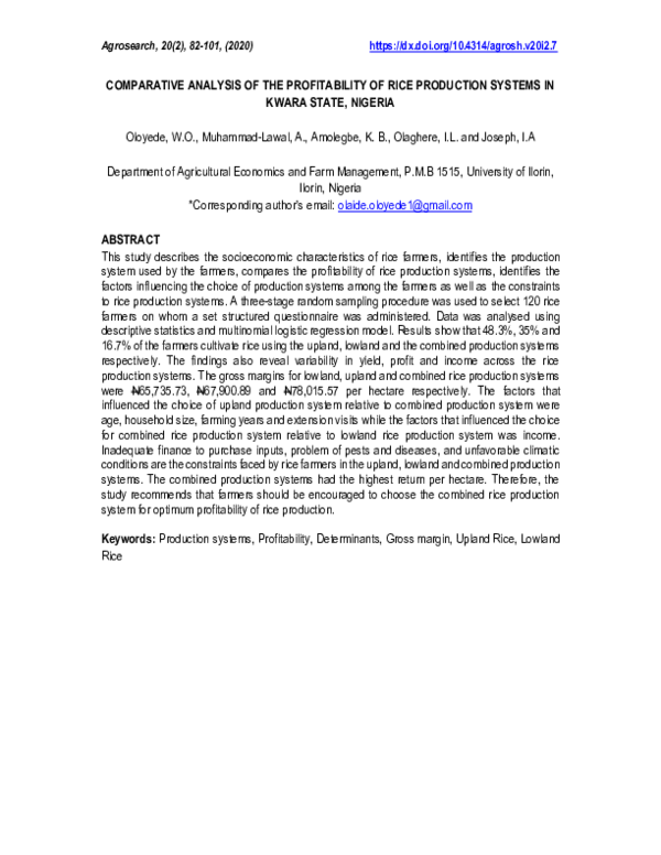 (PDF) Comparative analysis of the profitability of rice production ...