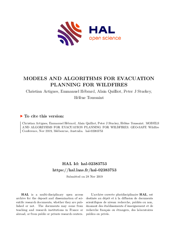 (PDF) Models and Algorithms for Evacuation Planning for Wildfires | Christian Artigues ...