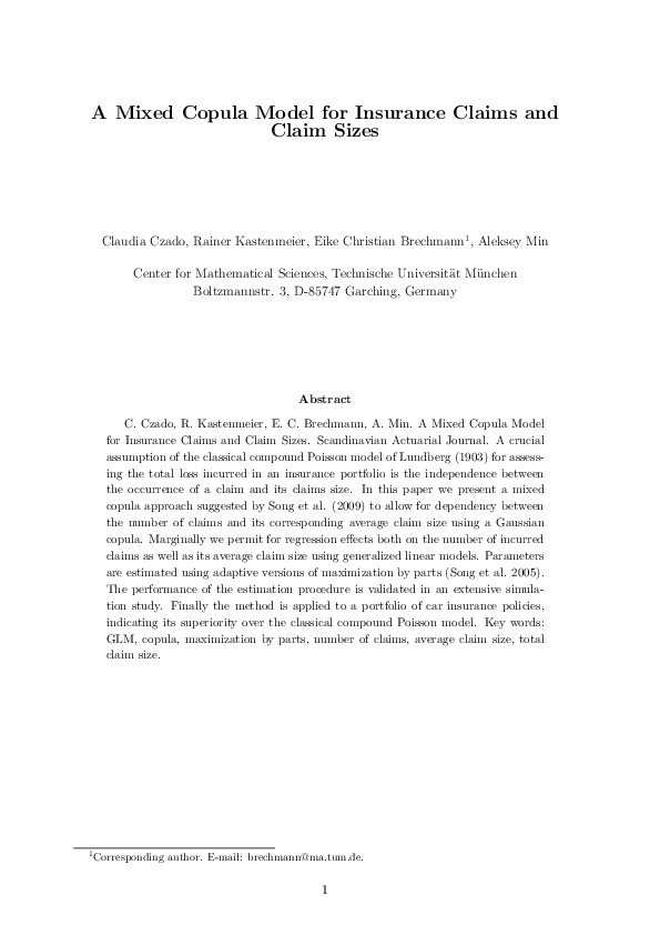 (PDF) A mixed copula model for insurance claims and claim sizes