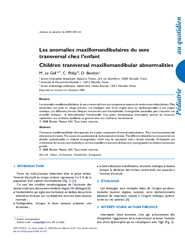 (PDF) Les anomalies maxillomandibulaires du sens transversal chez l’enfant