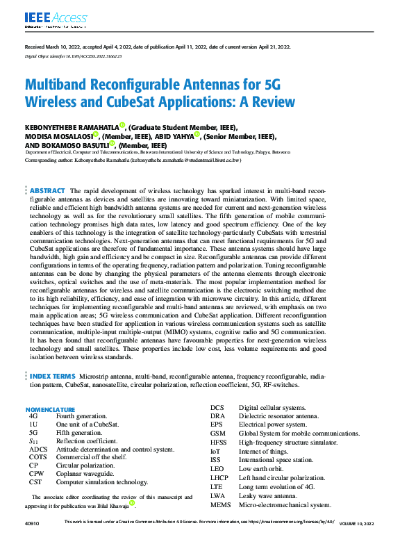 (PDF) Multiband Reconfigurable Antennas for 5G Wireless and CubeSat Applications: A Review ...