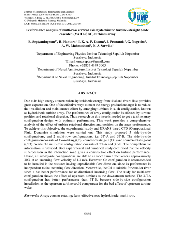 (PDF) Performance analysis of multi-row vertical axis hydrokinetic turbine–straight blade ...