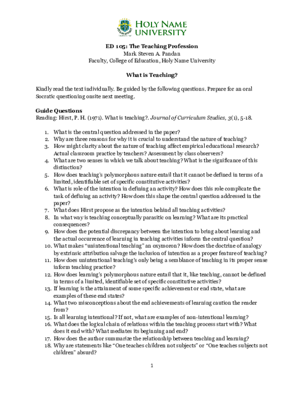 (DOC) Hirst: What is Teaching? Guide Questions for 1st Day of The ...