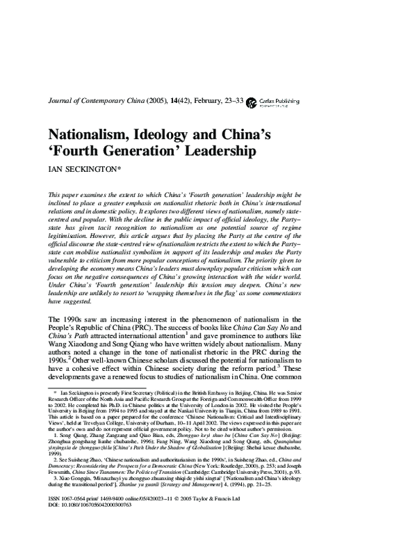 (PDF) Nationalism, Ideology and China's ‘Fourth Generation’ Leadership