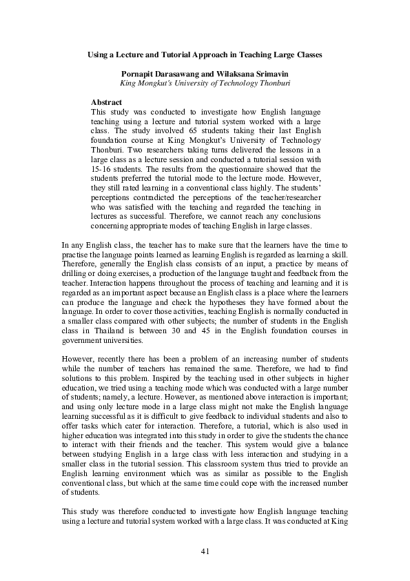 (PDF) Using a Lecture and Tutorial Approach in Teaching Large Classes