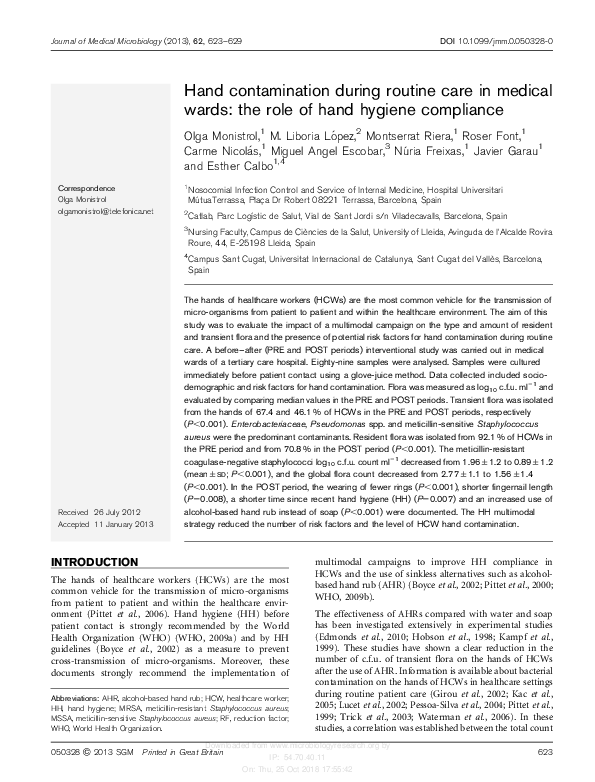 (PDF) Hand contamination during routine care in medical wards: the role ...