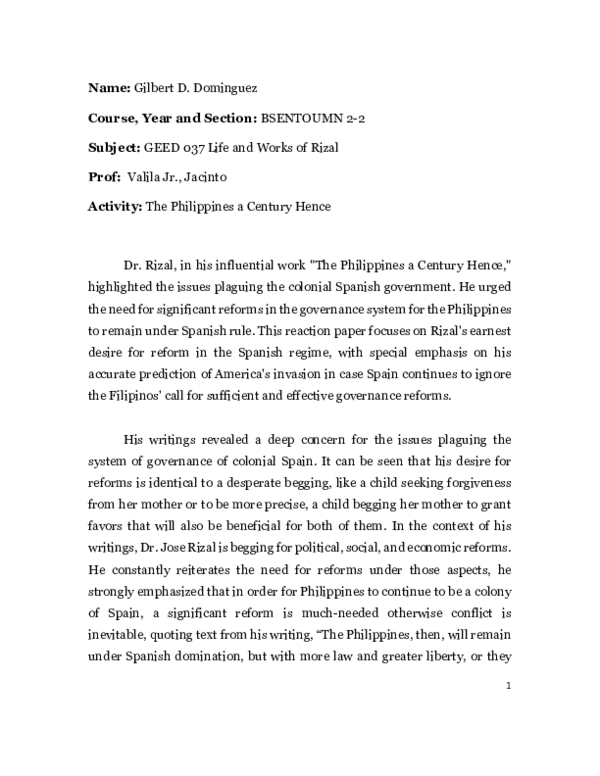 (PDF) Dominguez, Gilbert_The Philippines A Century Hence ; Reflection Paper