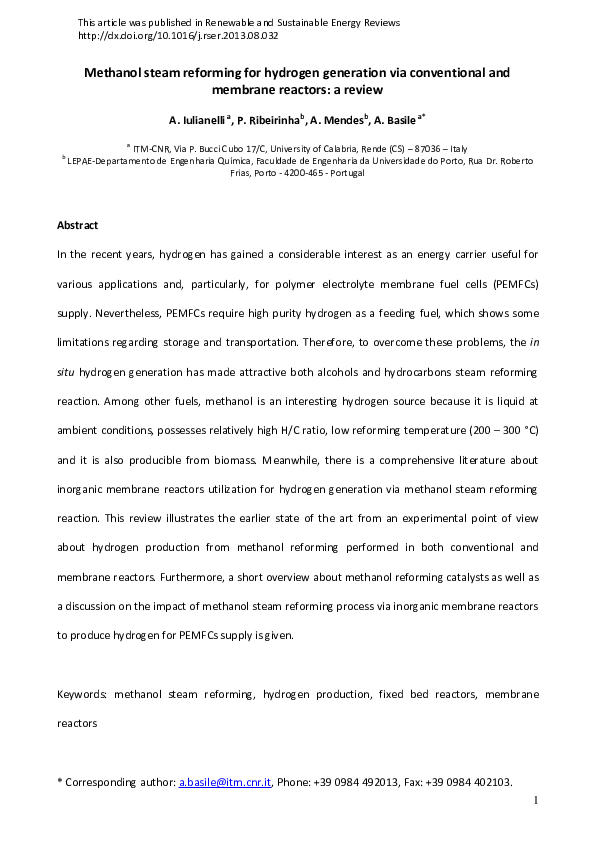 (PDF) Methanol steam reforming for hydrogen generation via conventional ...