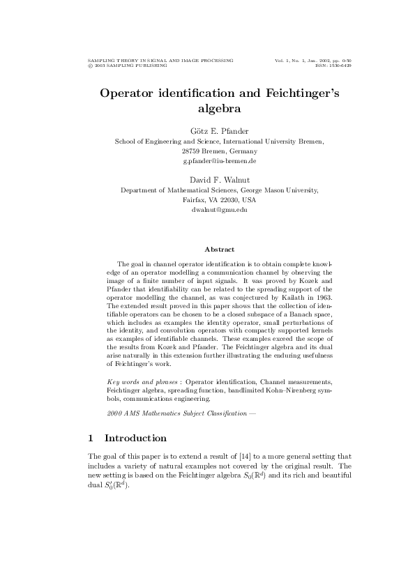 (PDF) Operator Identification and Feichtinger’s Algebra