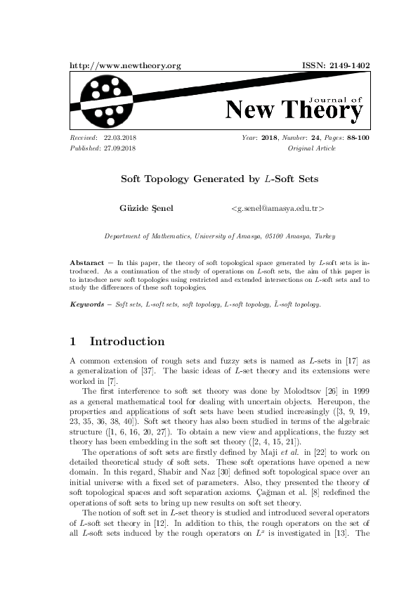 (PDF) Soft Topology Generated by L-Soft Sets