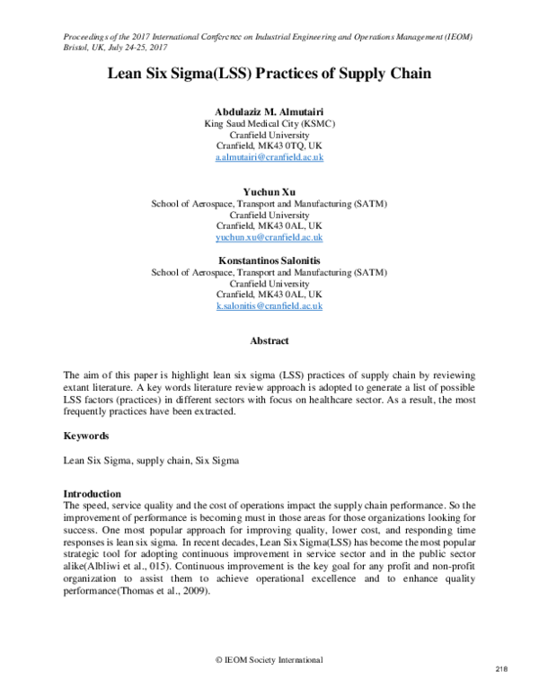 (PDF) Lean Six Sigma(LSS) practices of supply chain | Yuchun Xu ...