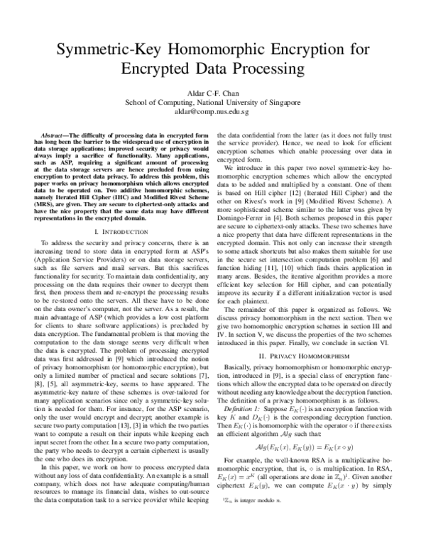 (PDF) Symmetric-Key Homomorphic Encryption for Encrypted Data Processing