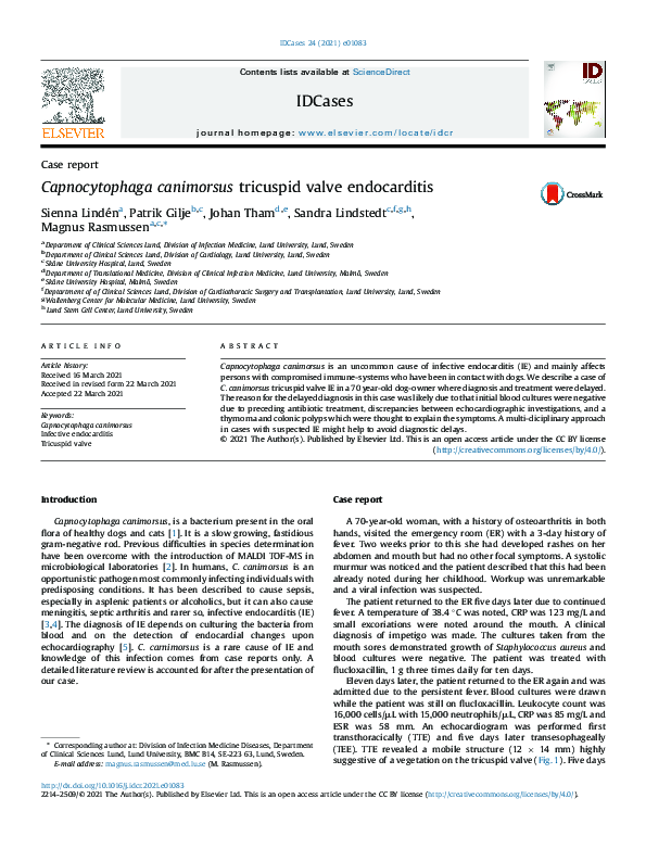 (PDF) Capnocytophaga canimorsus tricuspid valve endocarditis | Sienna ...