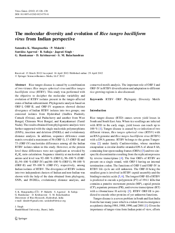 (PDF) The molecular diversity and evolution of Rice tungro bacilliform ...
