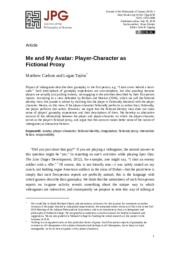 (PDF) Me and My Avatar: Player-Character as Fictional Proxy