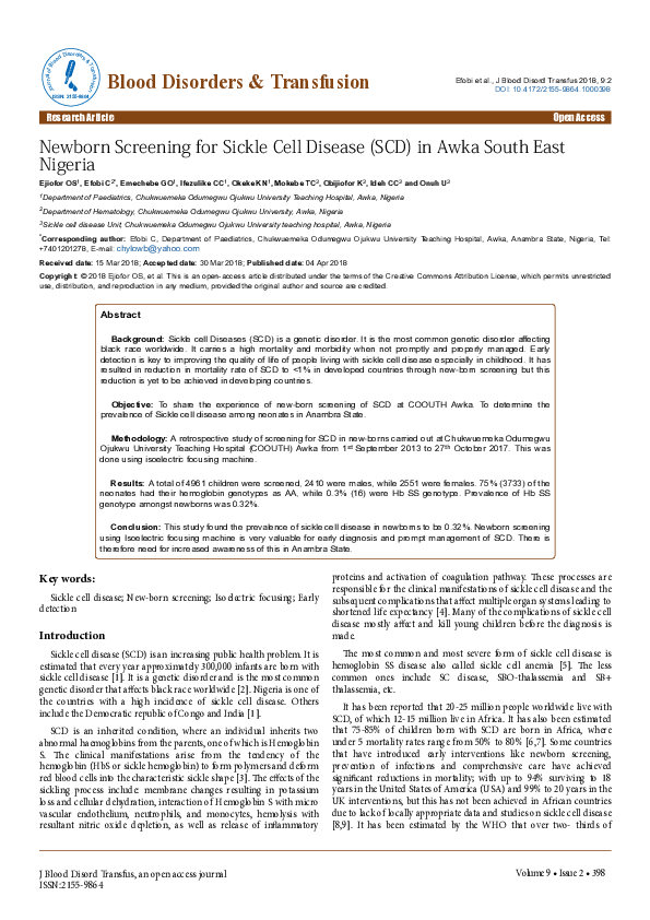 (PDF) Newborn Screening for Sickle Cell Disease (SCD) in Awka South ...