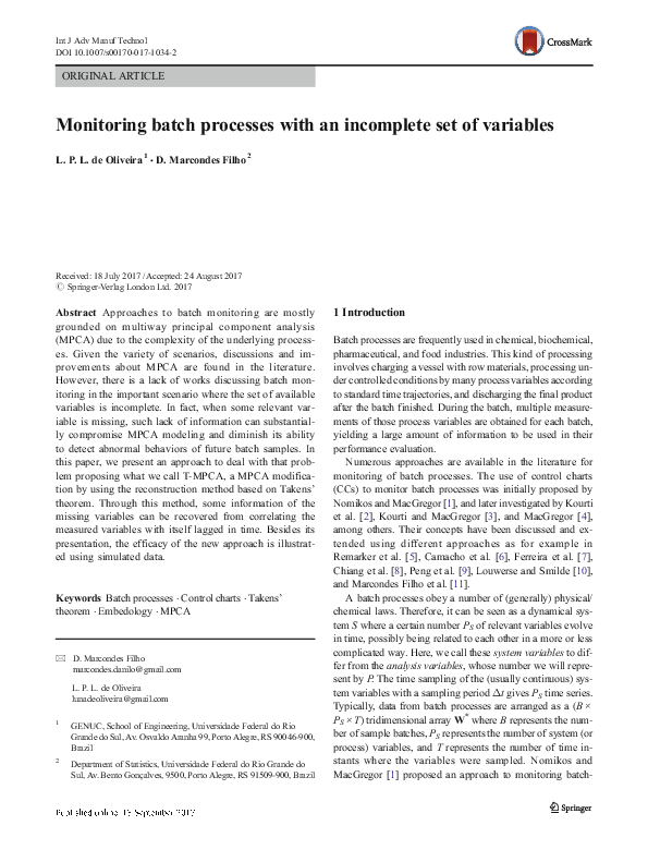 (PDF) Monitoring batch processes with an incomplete set of variables